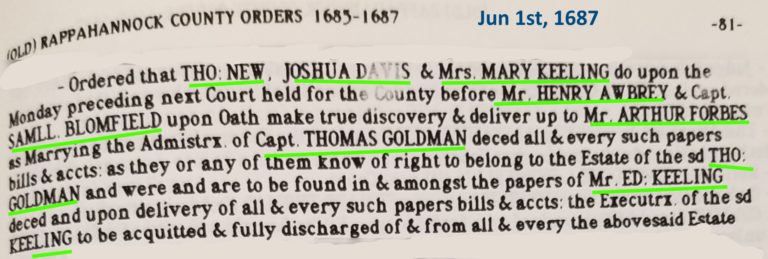 Keeling Replaced as Administrator of Capt Thomas Gouldman Estate, 1687 ...