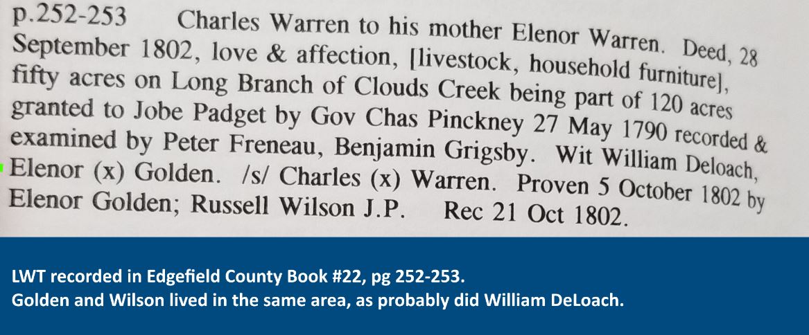 Eleanor Golden Warren, c1745-aft1810, Clouds Creek, Saluda, SC ...